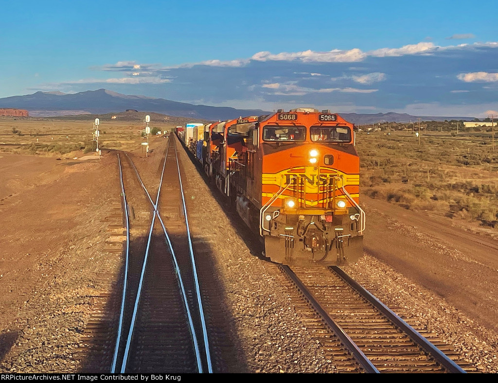 Passing another BNSF freight train on the Transcon; westbound